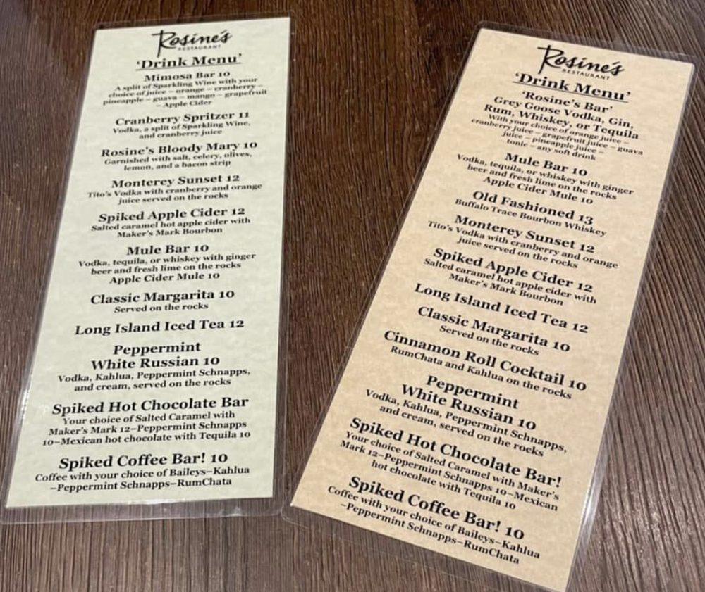 Menu at Rosine's Restaurant, Monterey