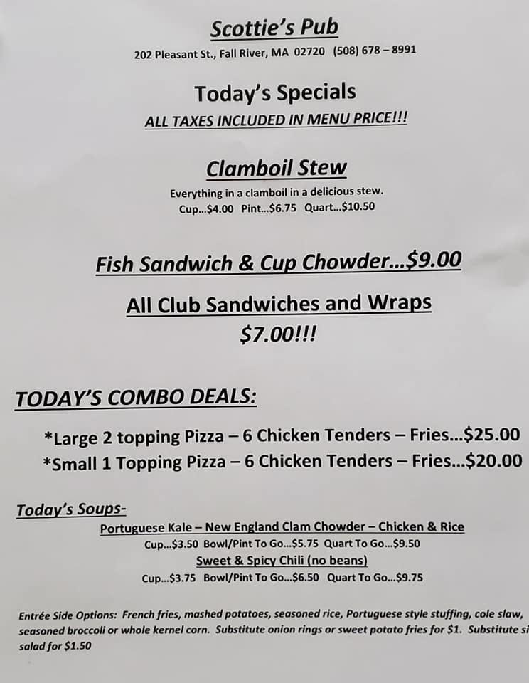 Menu at Scotties Pub, Fall River, 202 Pleasant St