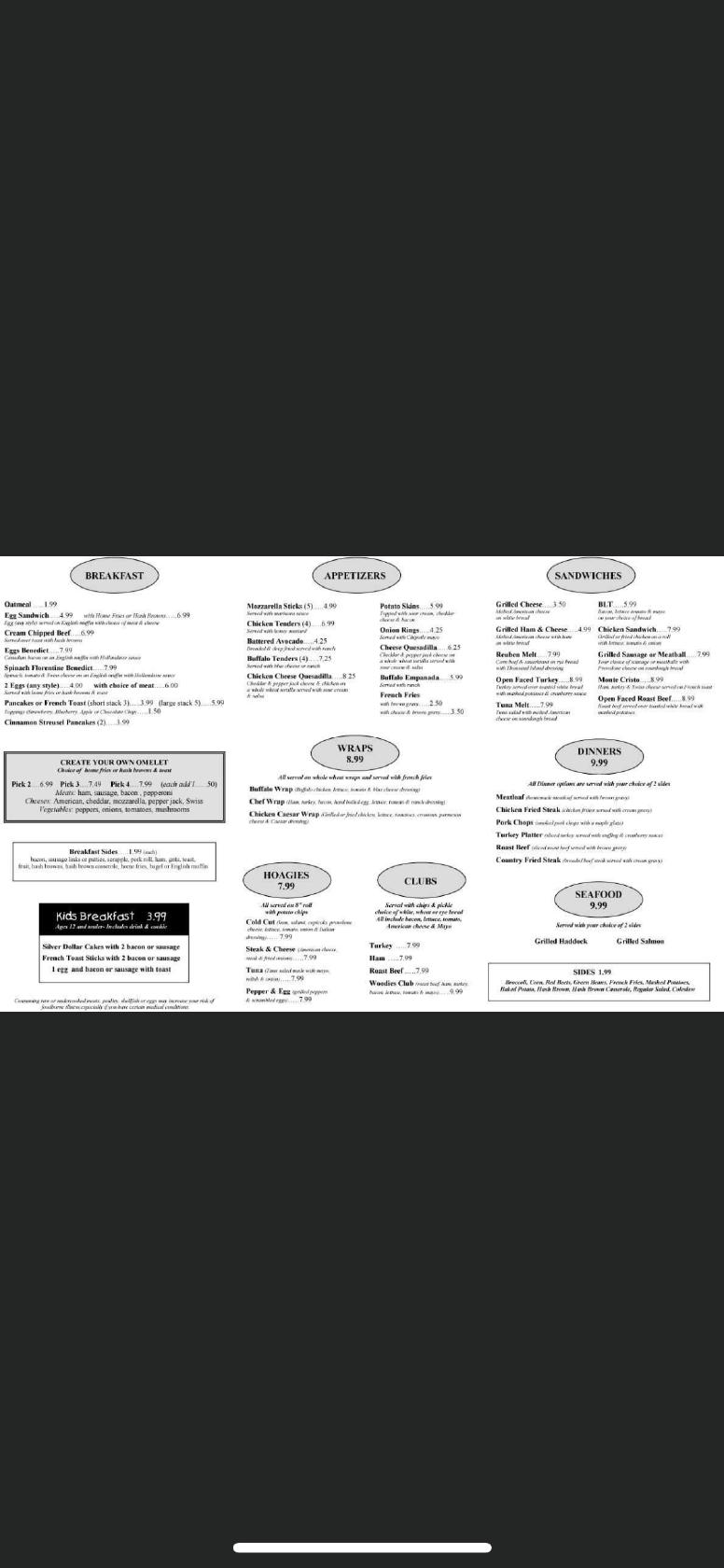 Menu at Woodie's Luncheonette restaurant, Freeland