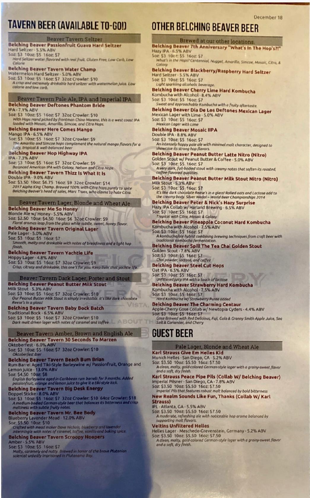 Menu at Belching Beaver Brewery Tavern & Grill pub & bar, Vista