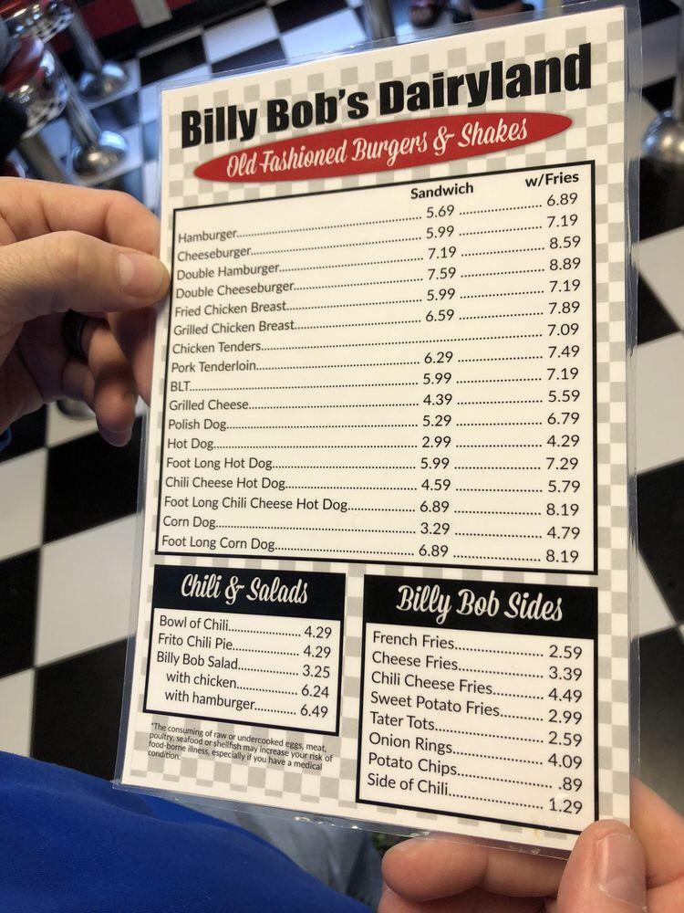 Menu at Billy Bob's Dairy Land restaurant, Branson, W 76 Country Blvd