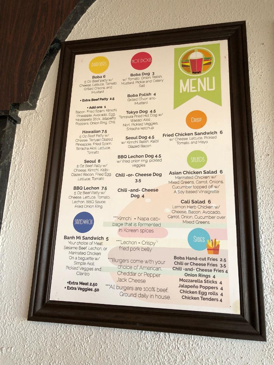 Menu at Boba Burger restaurant, Morton Grove