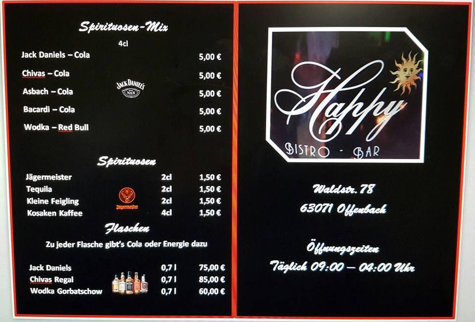Menu at Happy Bar, Offenbach