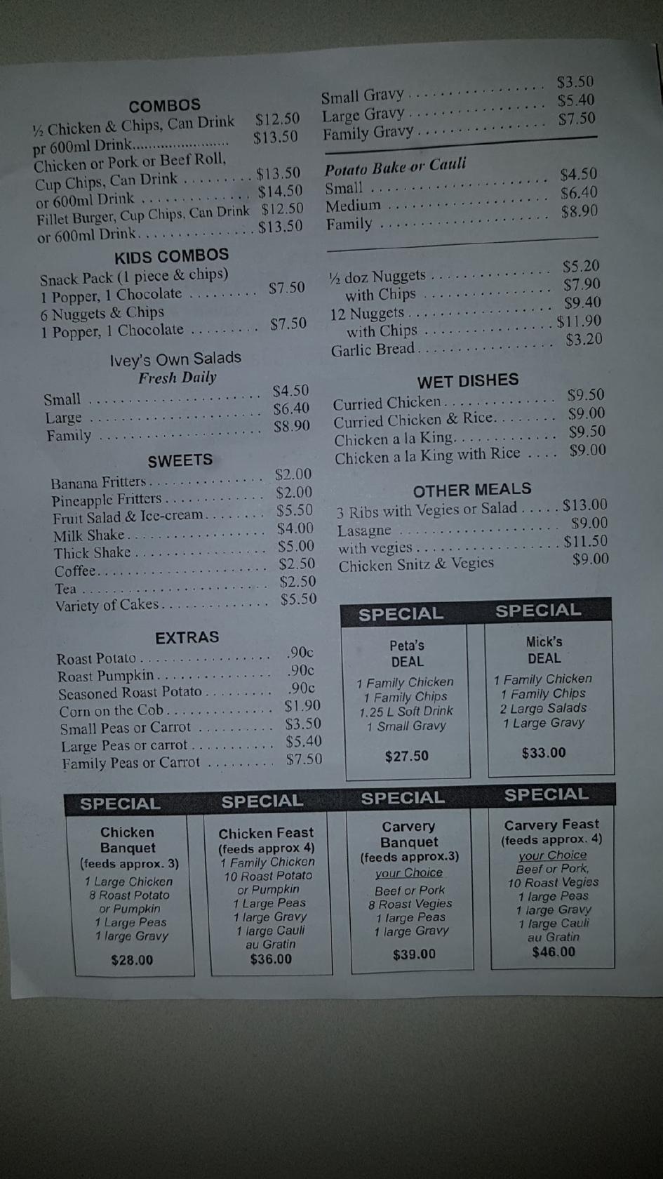 Menu at Ivey's Chicken & Carvery restaurant, Tinana, Shop 6/24 Gympie Rd