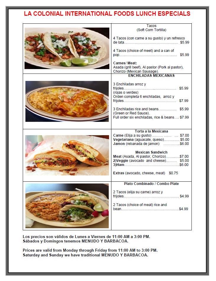 Menu at La Colonial International Foods restaurant, Bartlesville