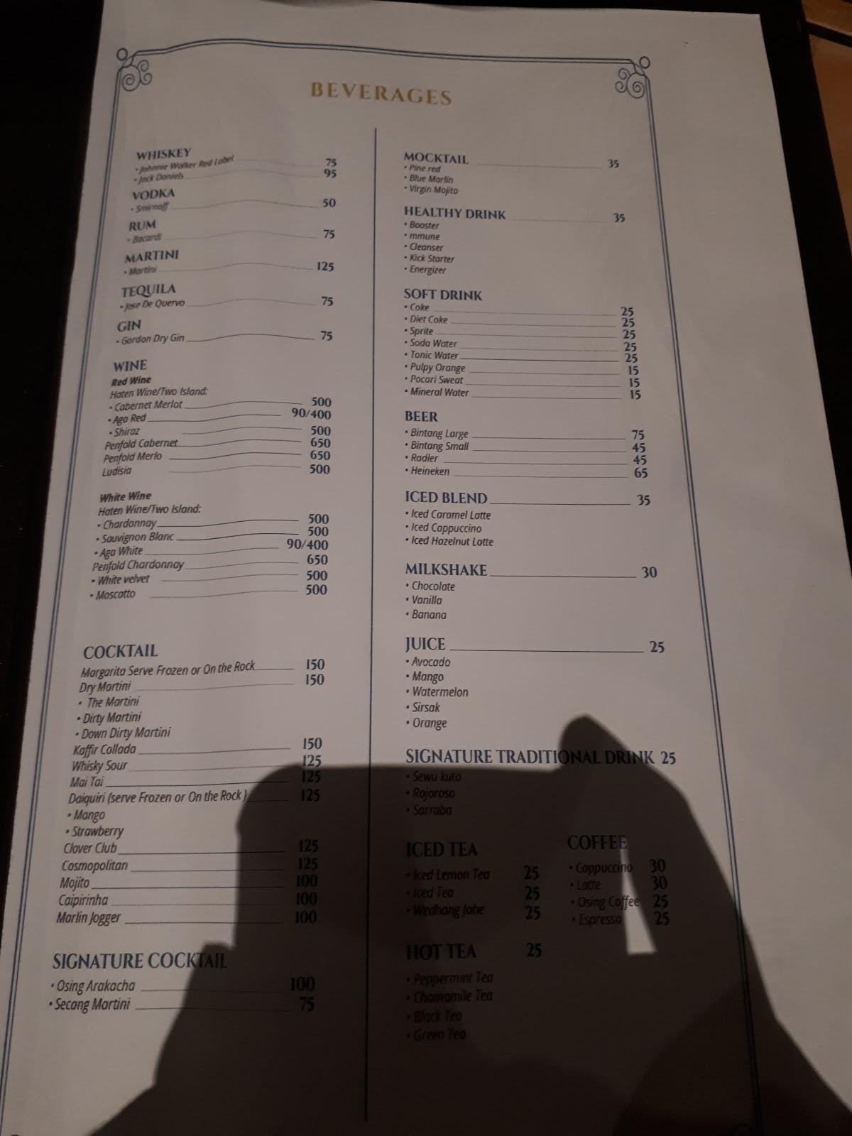 Menu at Marlin Restaurant & Beach Club, Banyuwangi