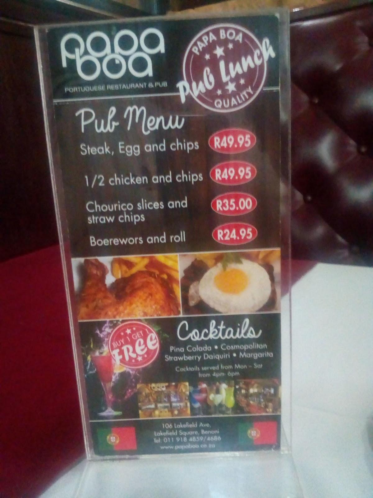 Menu at PapaBoa Benoni restaurant, Benoni
