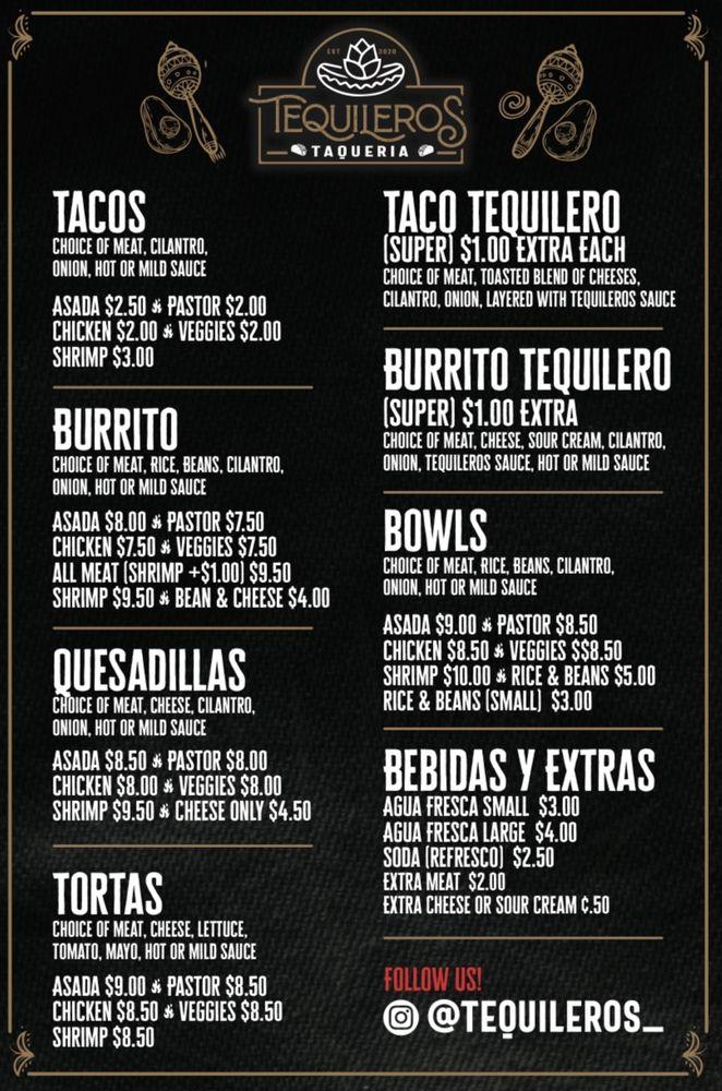 Menu at Tequileros Taqueria restaurant, Lodi