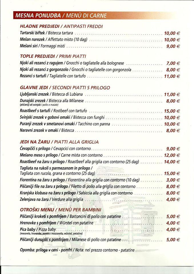 Menu at pizzeria mlin, gostinske storitve Zoran Breščak s.p., Miren