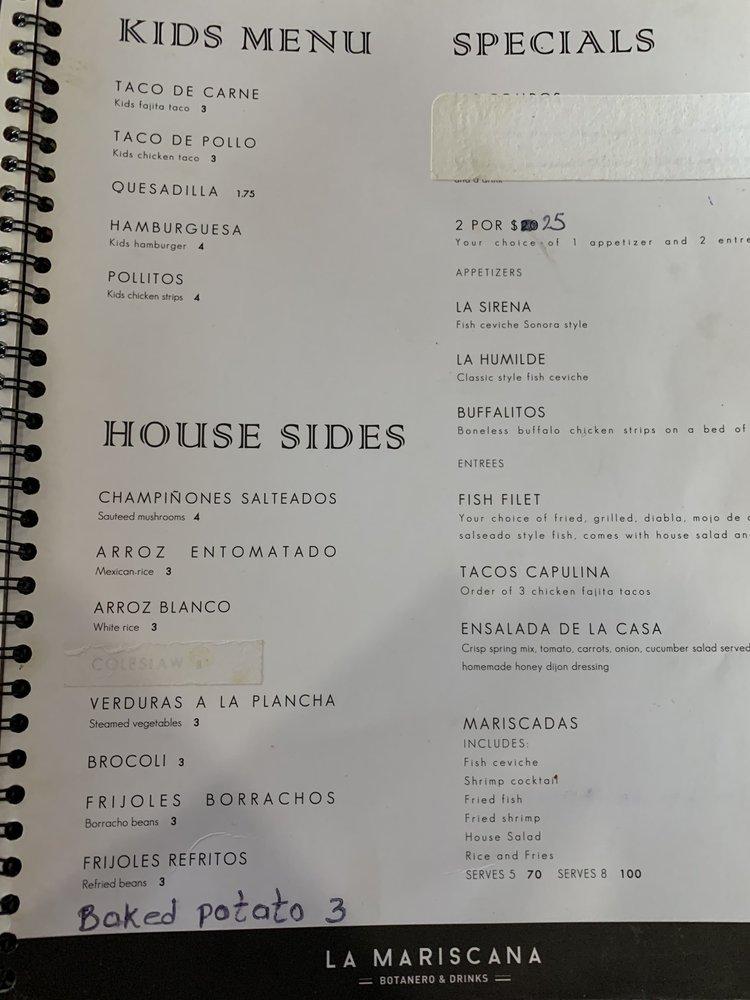 Menu at La Mariscana -Botanero & Drinks- restaurant, Laredo