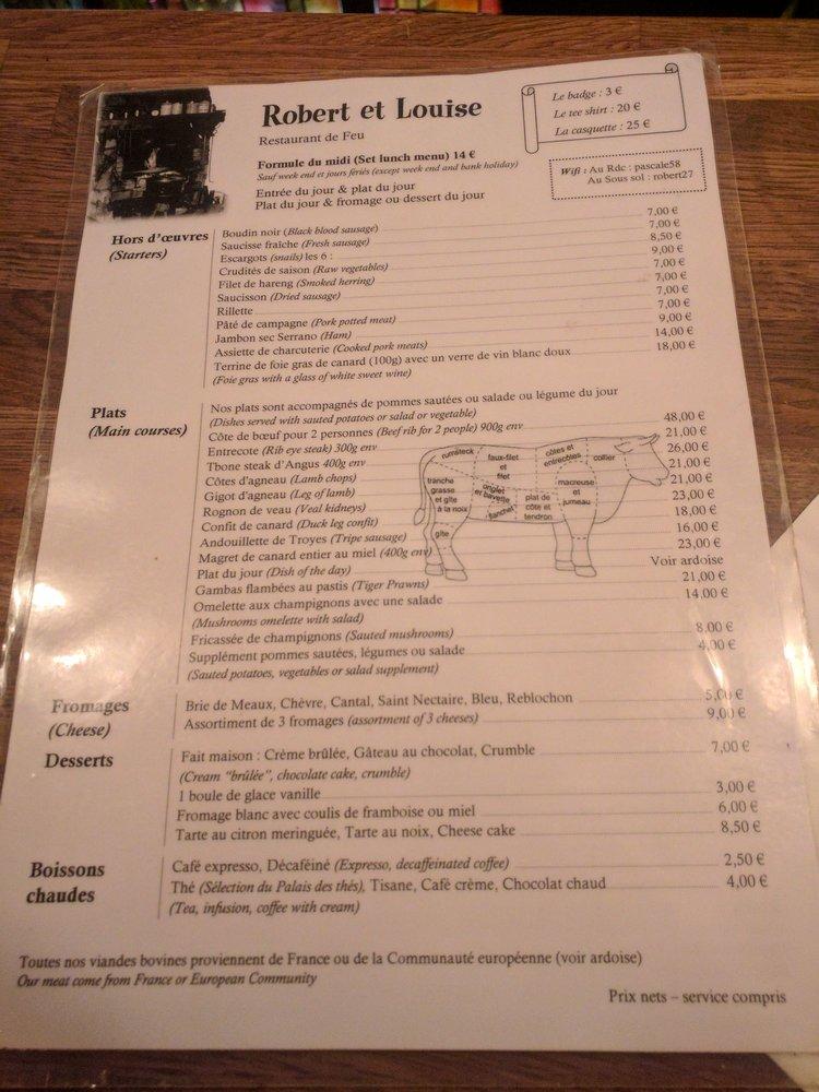 Menu at Robert et Louise steakhouse, Paris