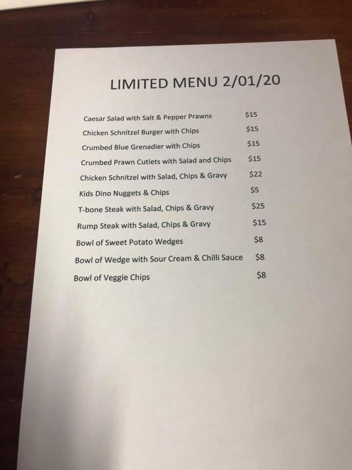 Carta del pub y bar Adelaide Hotel Moruya, Moruya
