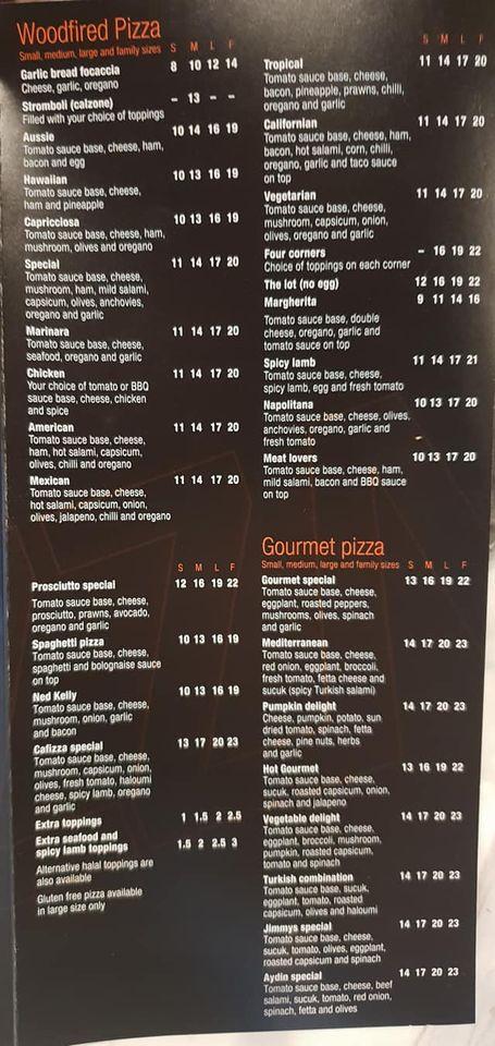 Menu at Cafizza restaurant, Geelong