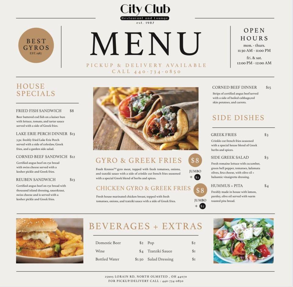 Menu at City Club Restaurant & Lounge, North Olmsted