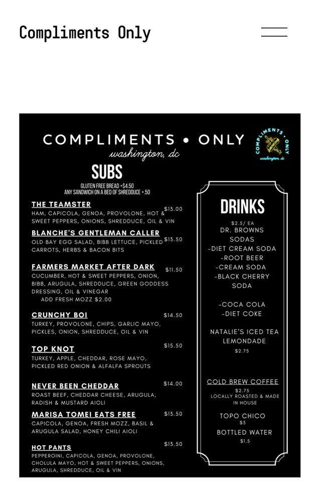 Menu at Compliments Only, Washington