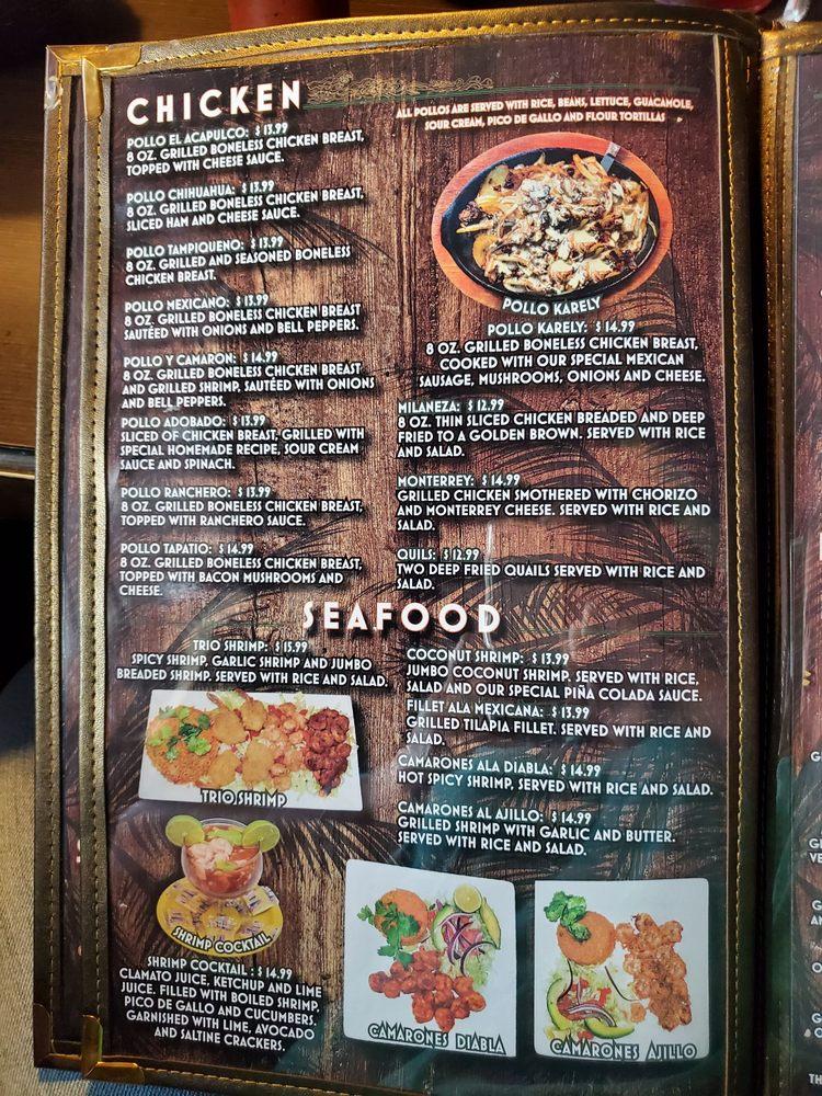 Menu at El Acapulco restaurant, Pocahontas, US-67