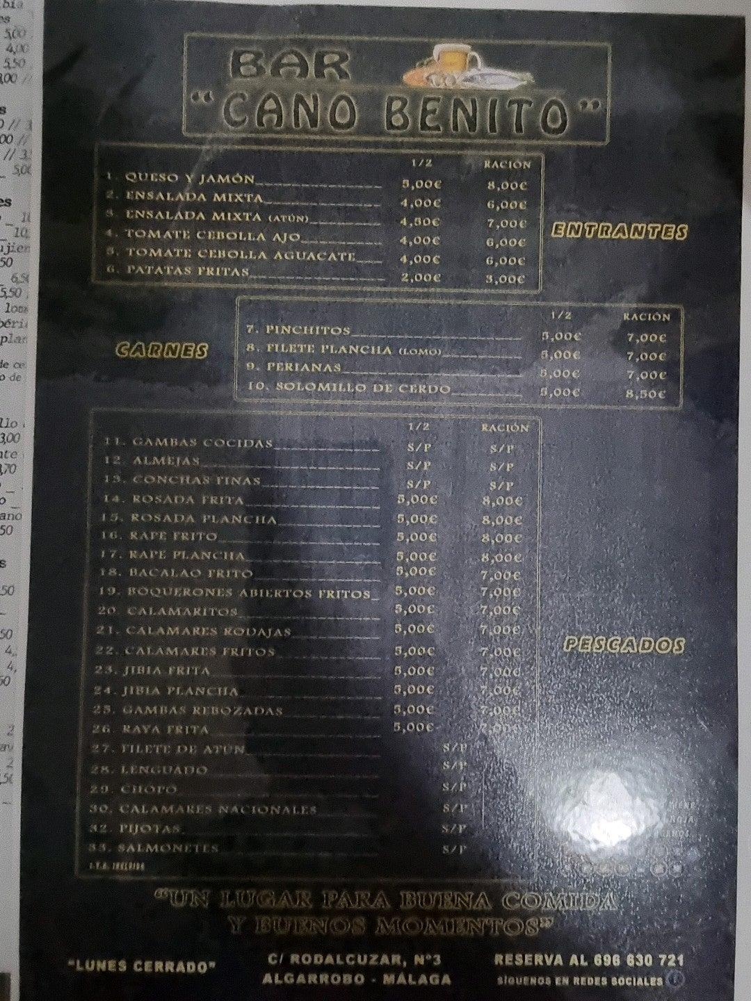 Carta de Restaurante Cano Benito, Algarrobo