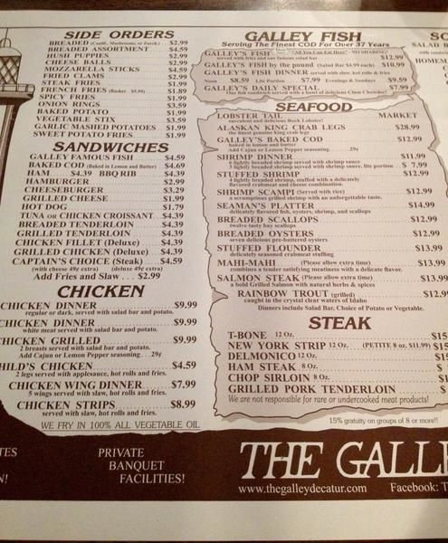 Menu at The Galley restaurant, Decatur