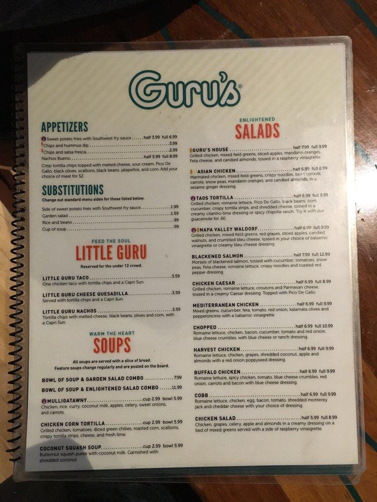 Menu at Guru's Cafe, Provo