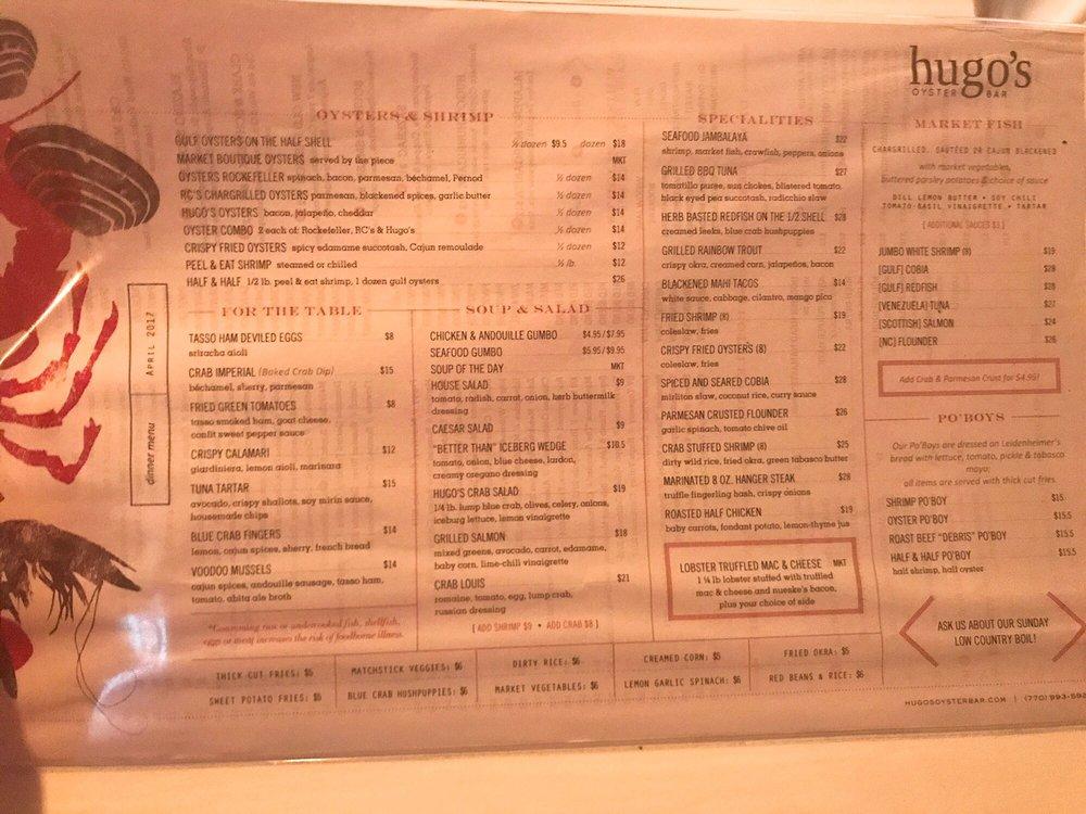 Menu at Hugo’s Oyster Bar, Roswell