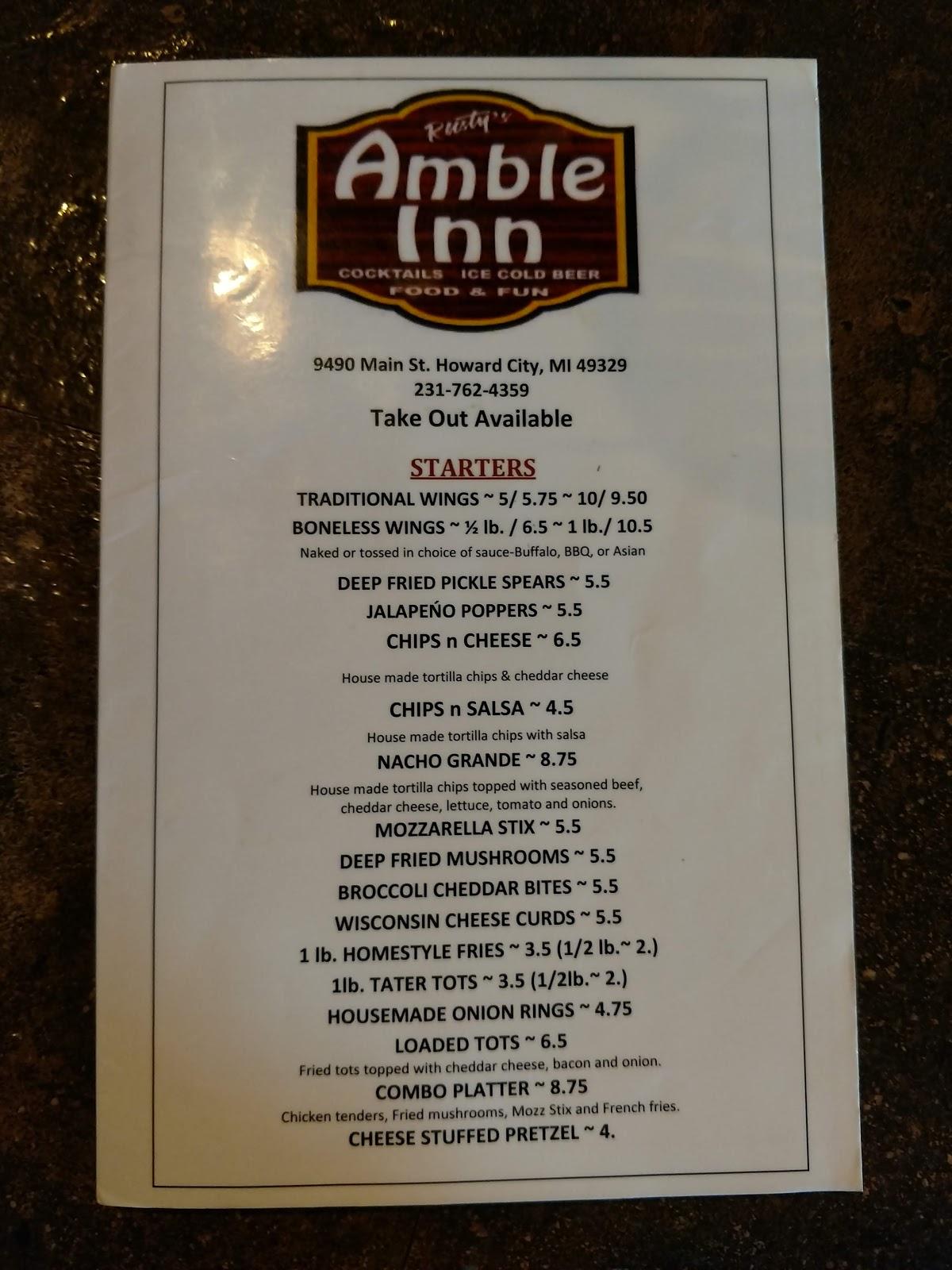 Menu at Rusty's Amble Inn pub & bar, USA