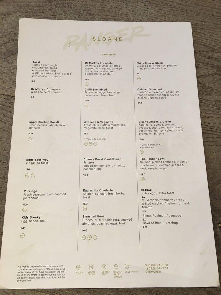 Menu at Sloane Ranger cafe, Cremorne