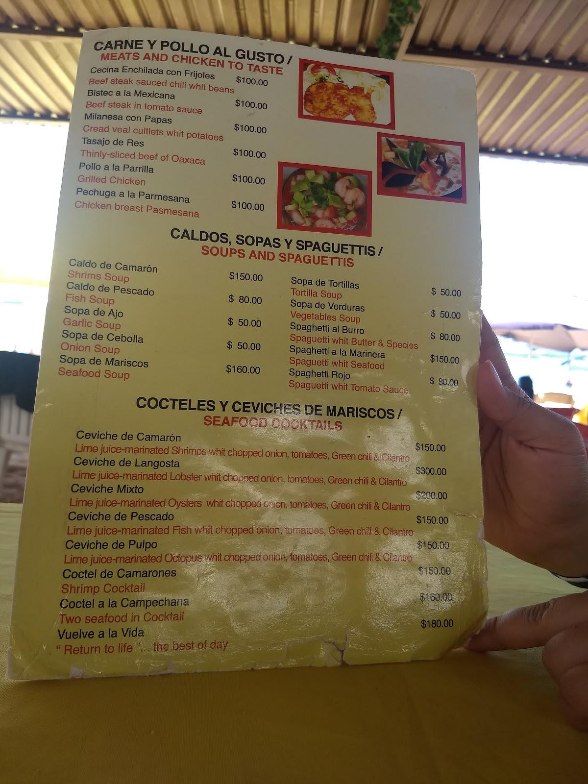 Carta del restaurante Susy, Puerto Ángel