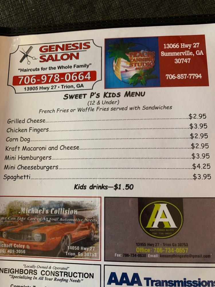 Menu at Sweet P's restaurant, Trion