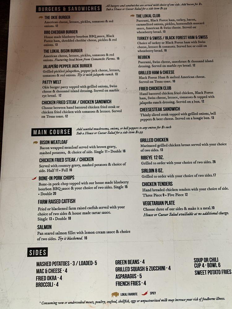 Menu at The Lokal Mustang pub & bar, Mustang