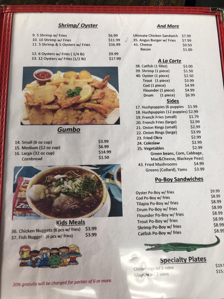 Menu at Bayseas Catfish House restaurant, San Antonio, Nacogdoches Rd