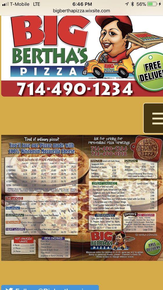 Menu at Big Bertha's Pizza pizzeria, Anaheim