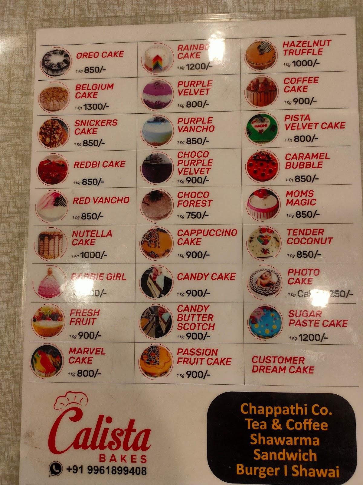 Menu at Calista Bakes, Angadipuram