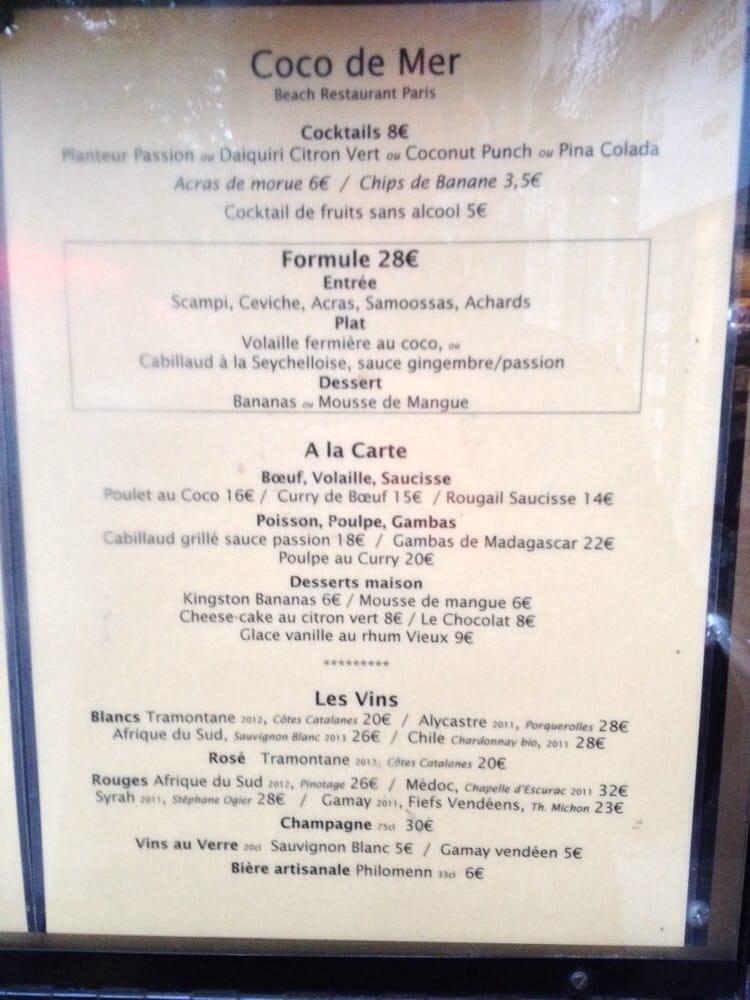 Menu at Coco de Mer restaurant, Paris, 34 Bd Saint-Marcel