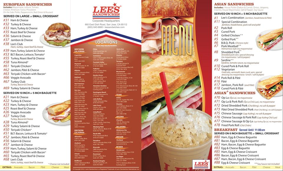Menu at Lee's Sandwiches restaurant, Chandler