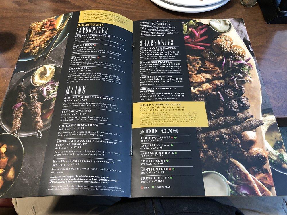Menu at Paramount Fine Foods restaurant, Edmonton, 167 Ave NW