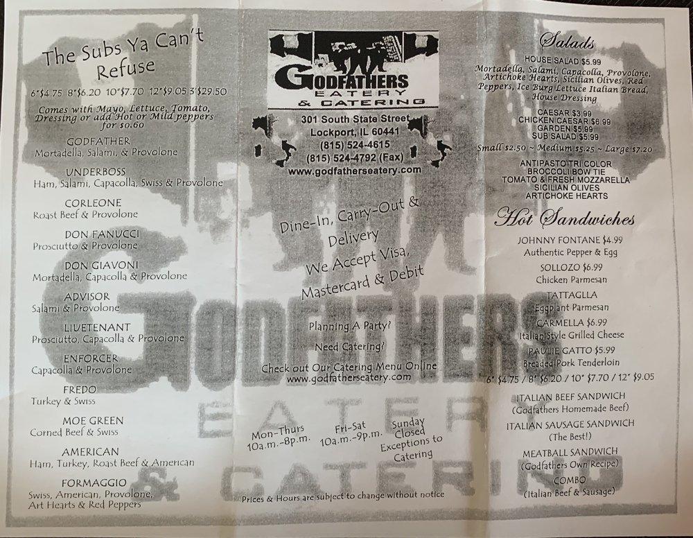 Menu at The Godfather's Eatery pizzeria, Lockport