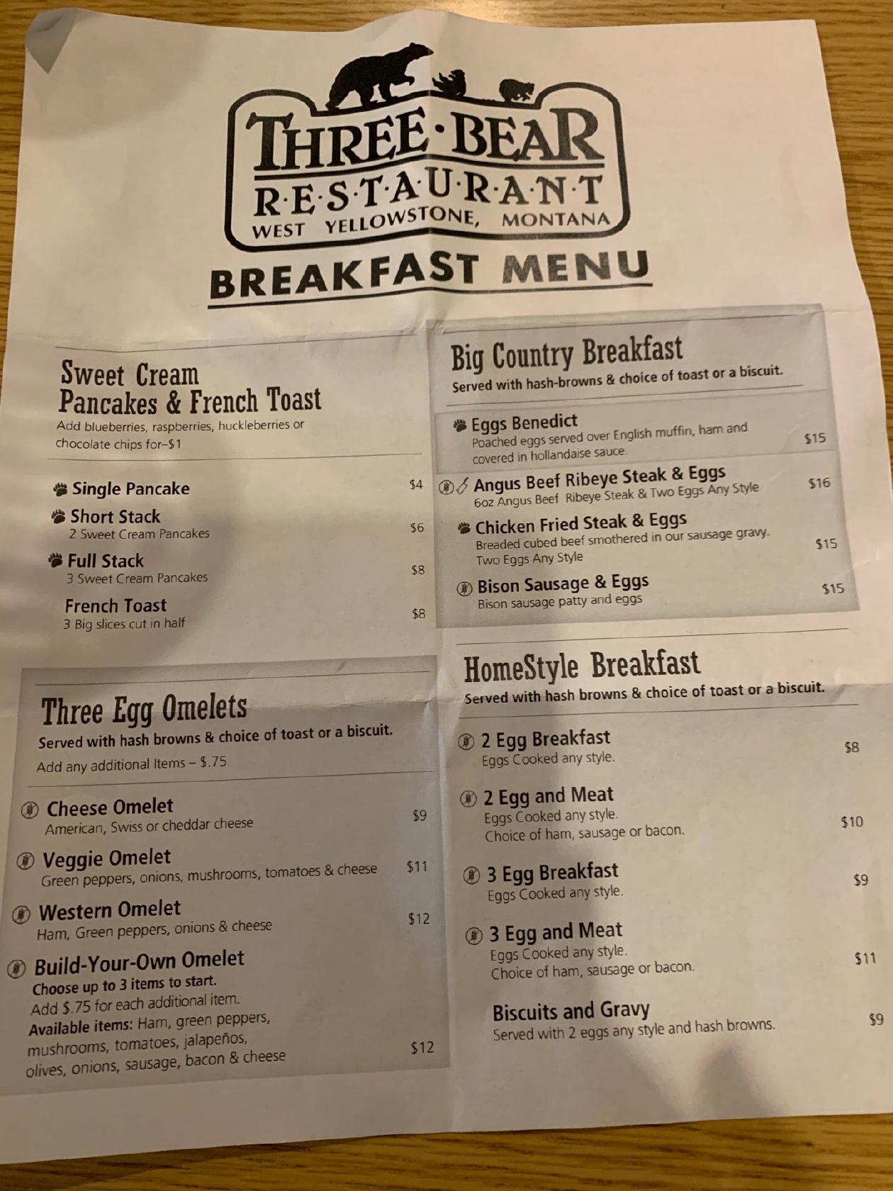 Menu at Three Bear Restaurant, West Yellowstone