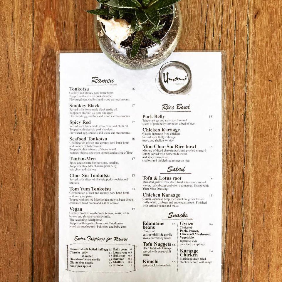 Menu at Umami Ramen restaurant, Maroochydore