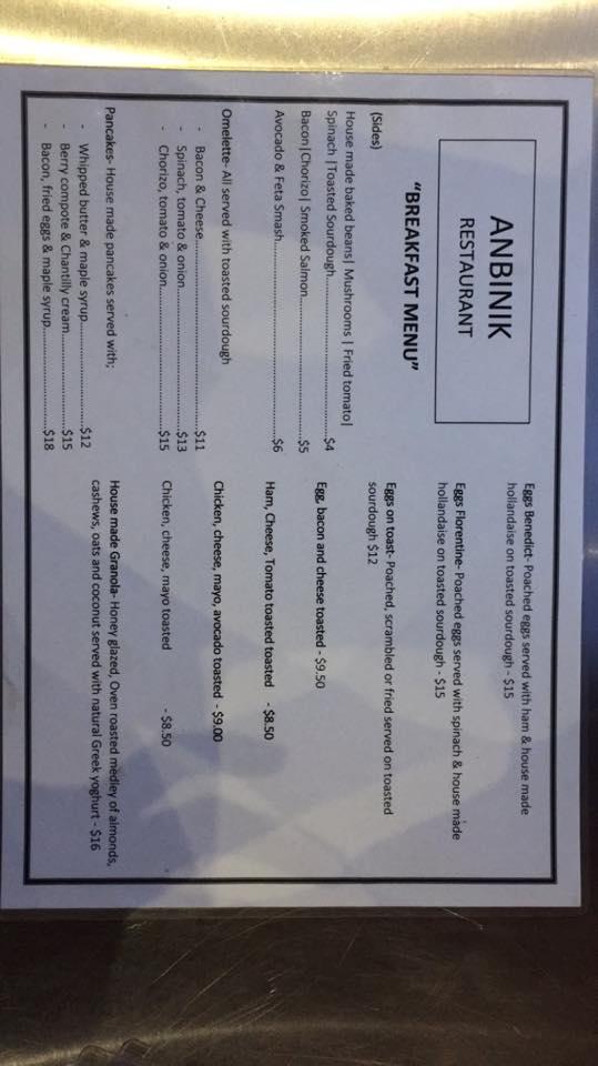 Menu at Anbinik Restaurant, Jabiru