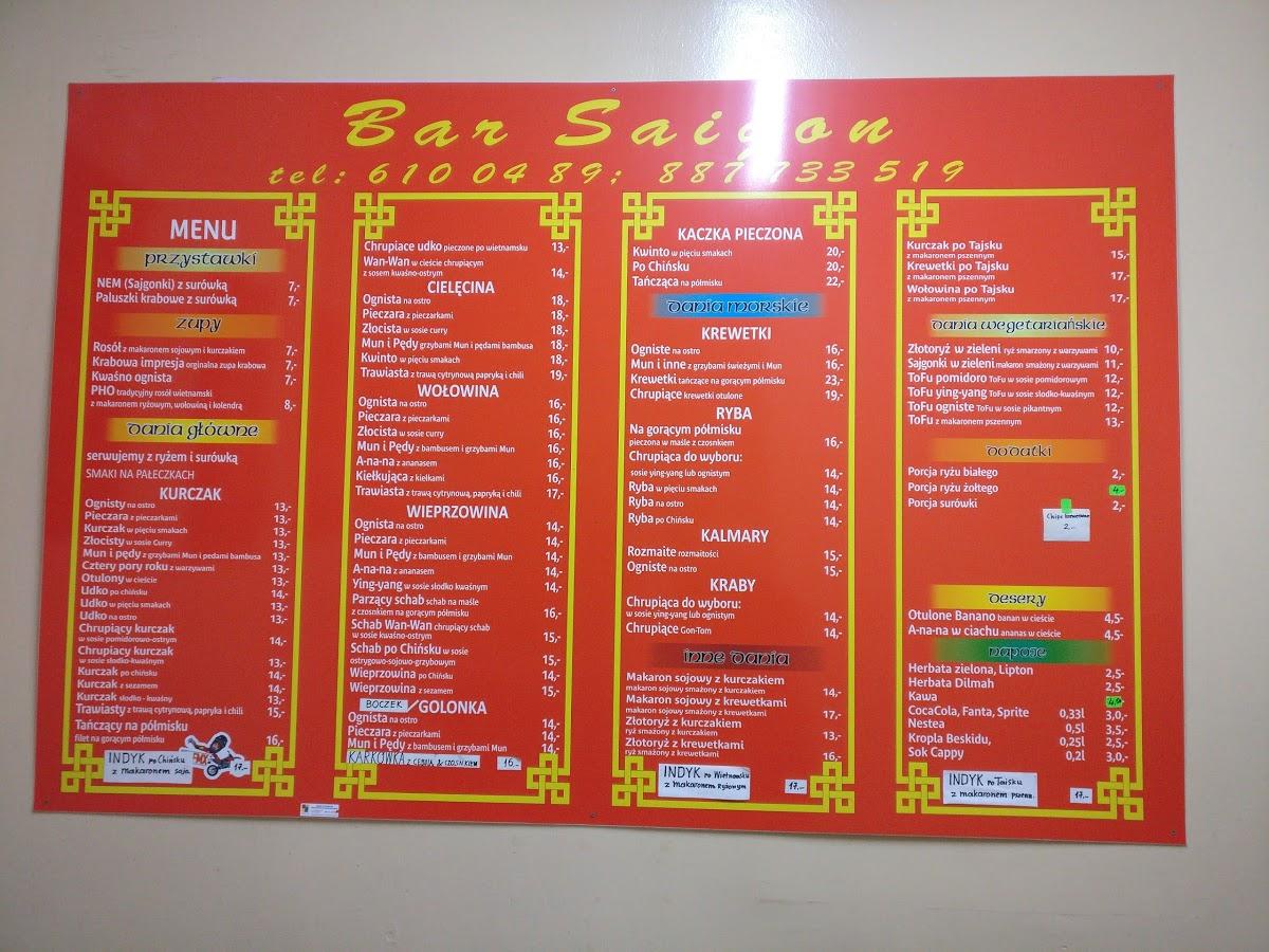 Menu at Bar Sajgon, Warsaw, Panny Wodnej 46/48