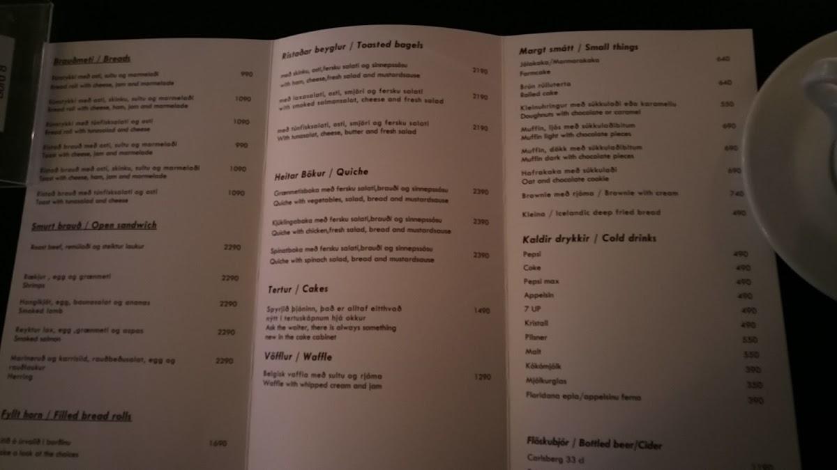 Menu at Café Milanó cafe, Reykjavík