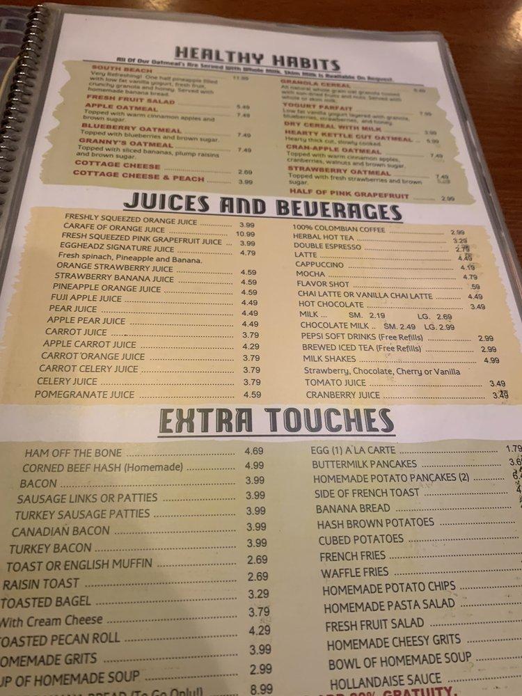 Menu at Eggheadz Cafe, Tinley Park