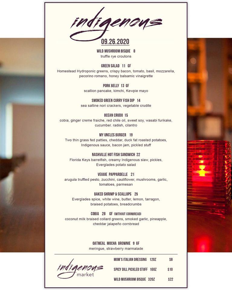 Menu at Indigenous Restaurant, Sarasota