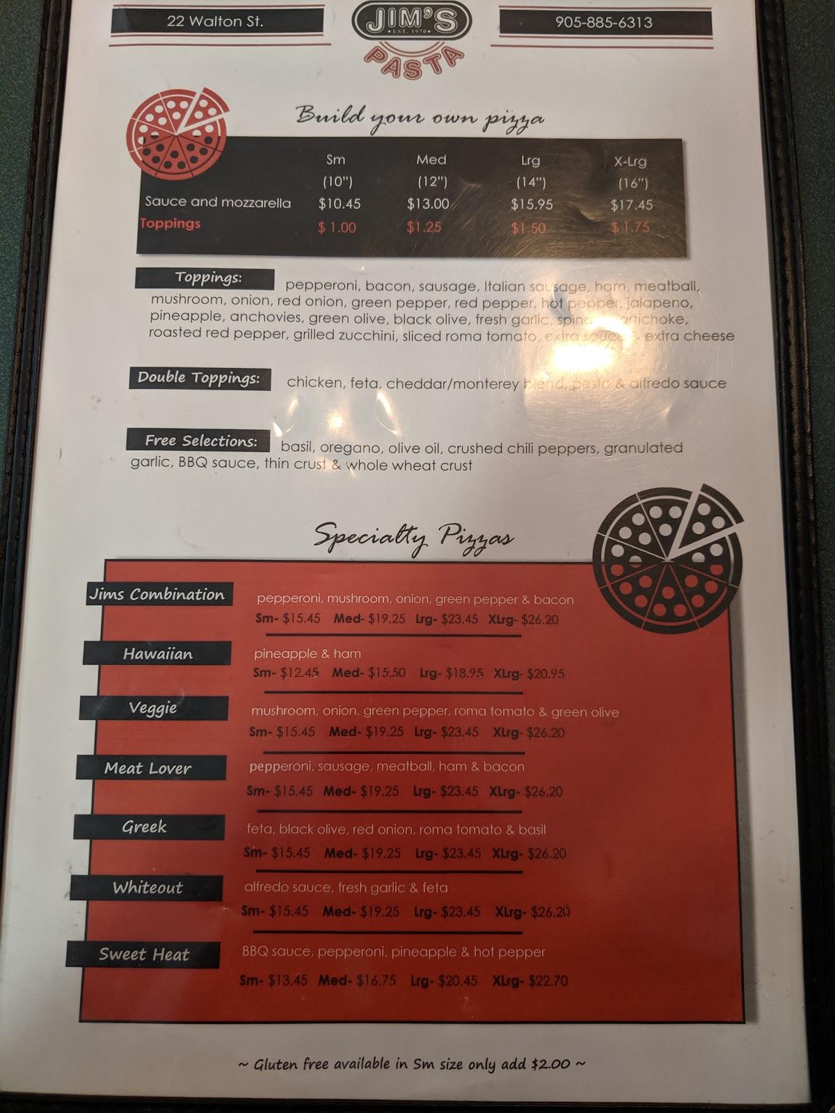Menu at Jim's Pizza & Pasta pizzeria, Port Hope