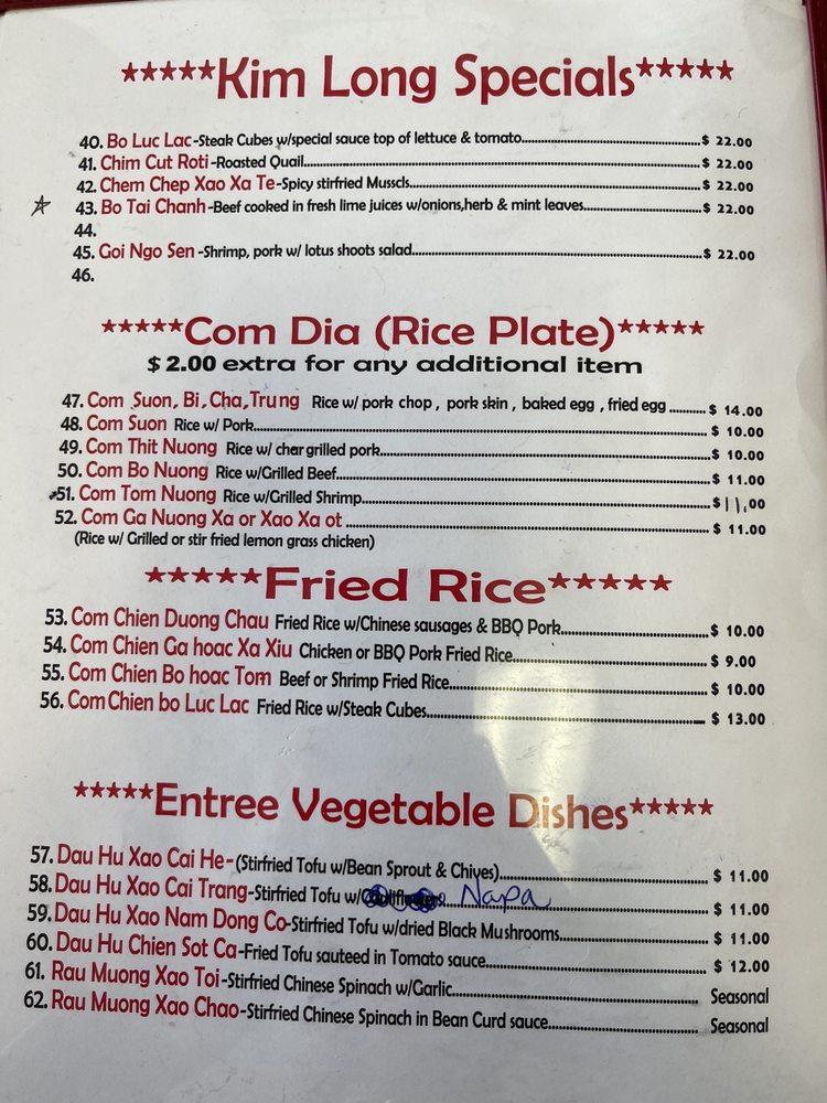 Menu at Kim Long Restaurant, Biloxi
