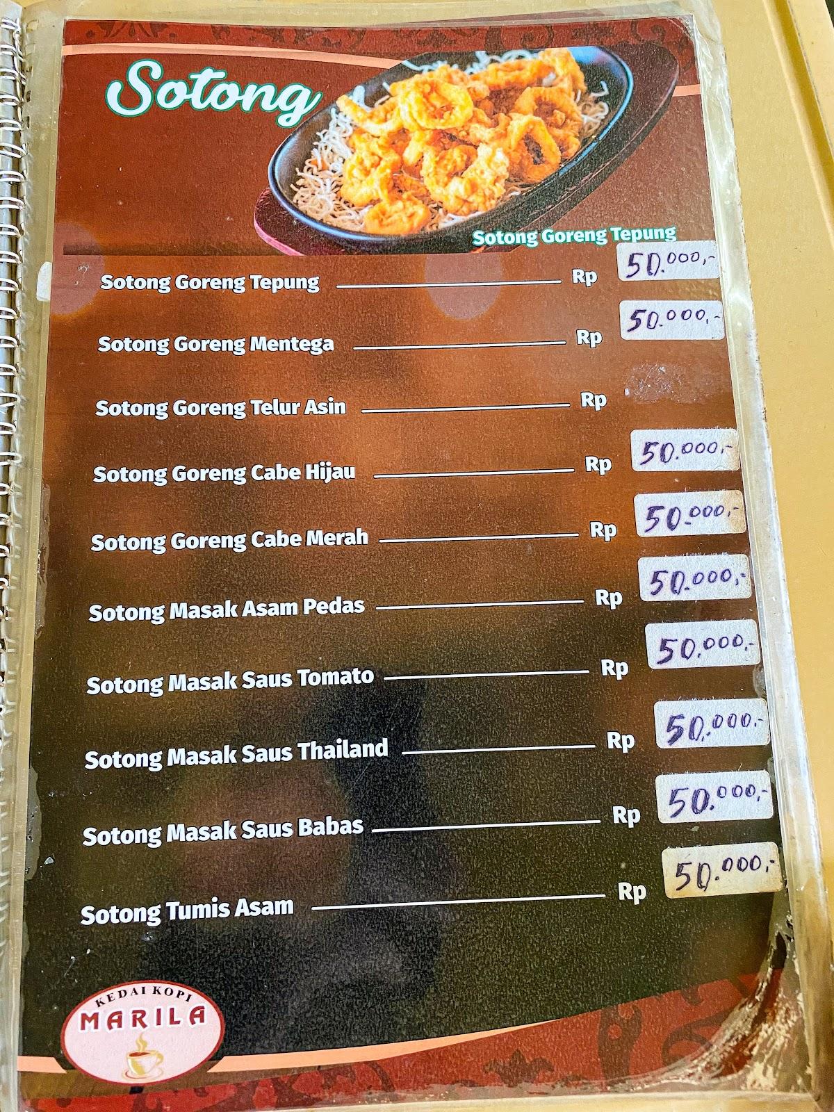 Menu at Marila coffee shop restaurant, Batam