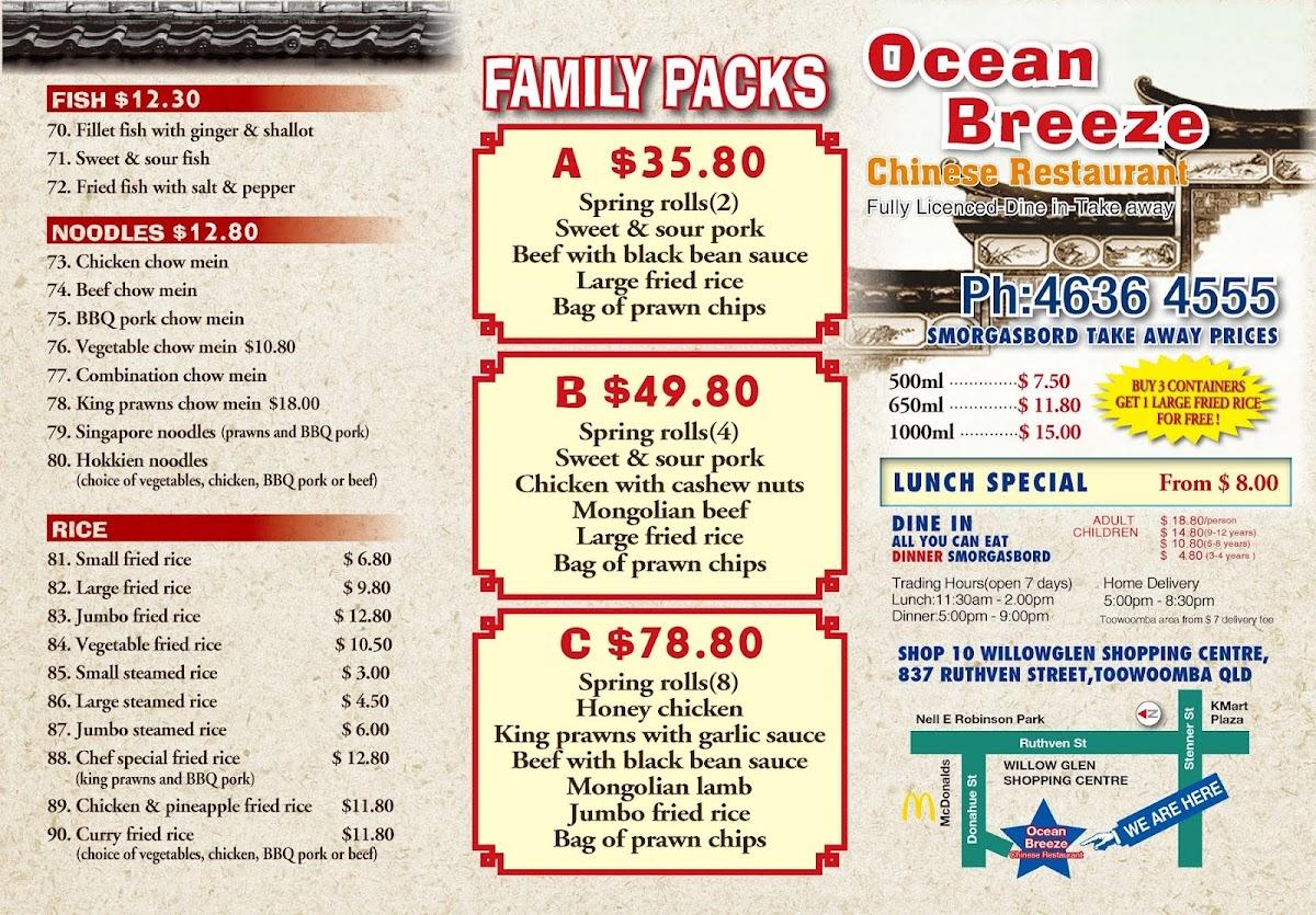 Menu at Ocean Breeze Chinese Restaurant, Kearneys Spring