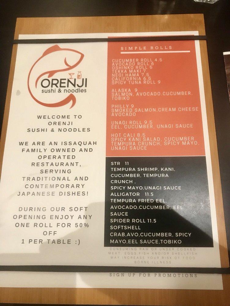 Menu at Orenji Sushi & Noodles restaurant, Issaquah, 221st Pl SE Unit ...