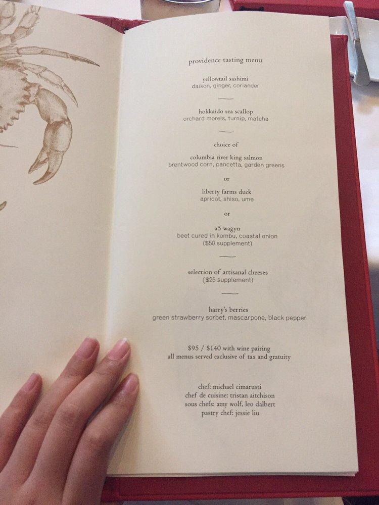 Menu at Providence restaurant, Los Angeles
