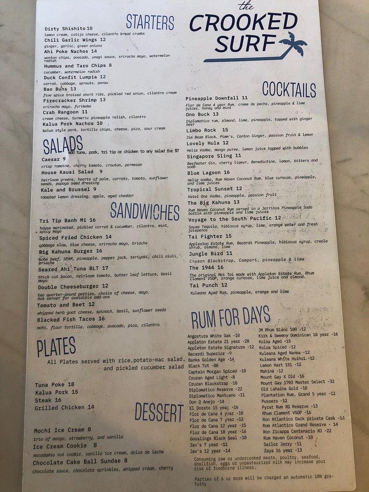 Menu at The Crooked Surf pub & bar, Kapaa